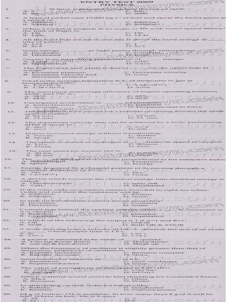UET Lahore ECAT Entrance Test 2009 Physics | PDF