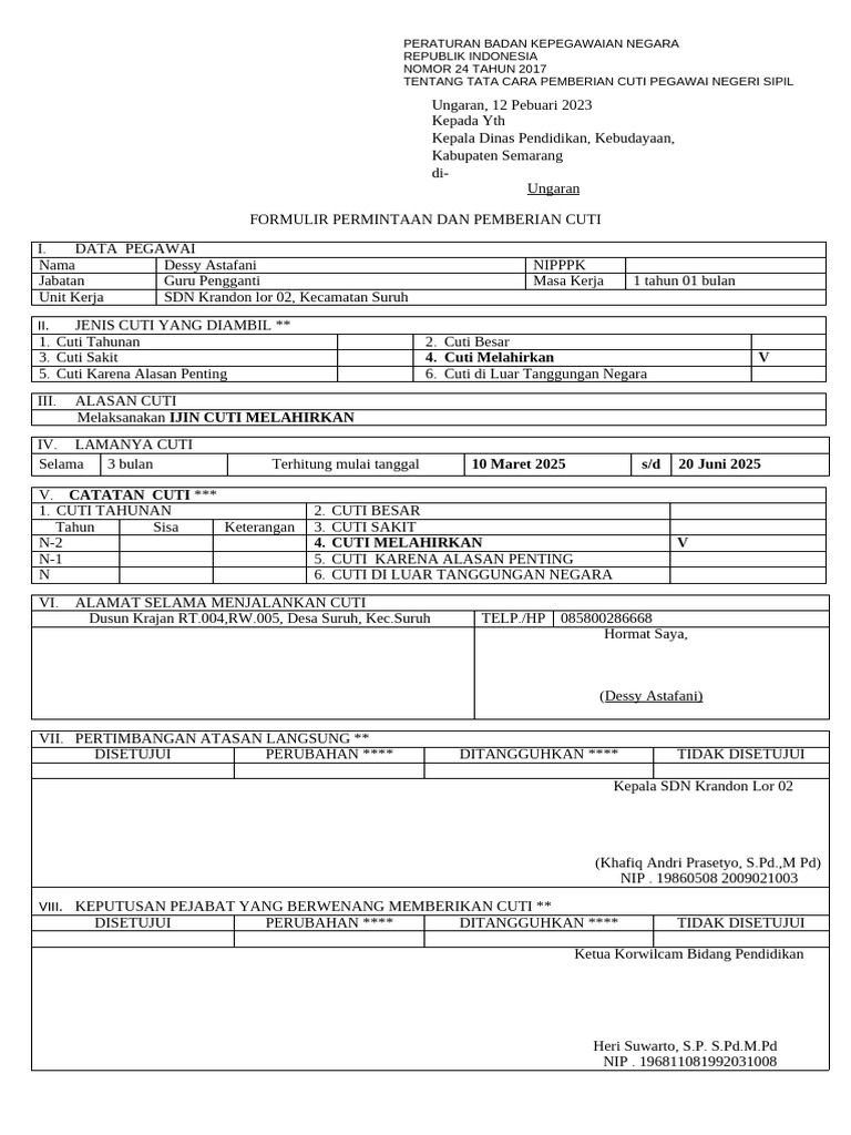 Form Ajuan Cuti Pns (Formulir Permintaan Dan Pemberian Cuti PNS) | PDF
