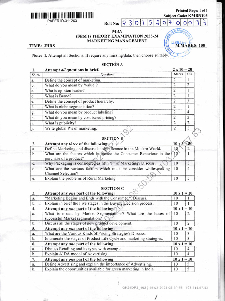 Marketing Management (MBA 1 Sem), 2023-24 | PDF
