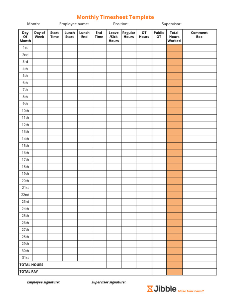Monthly Timesheet Template | PDF