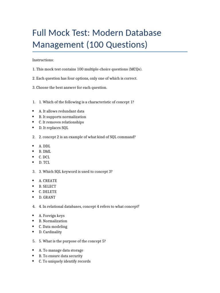 Full Modern Database Management Mock Test 100 Questions | PDF | Sql ...