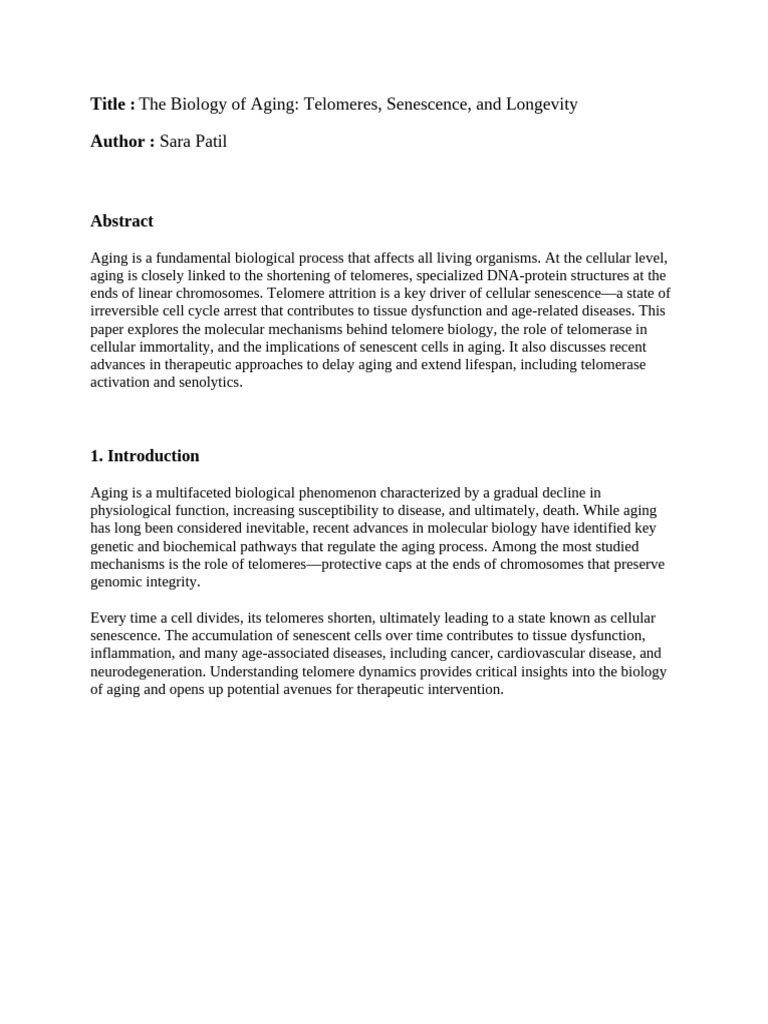 The Biology of Aging - Telomeres, Senescence, and Longevity | PDF | Telomere | Senescence