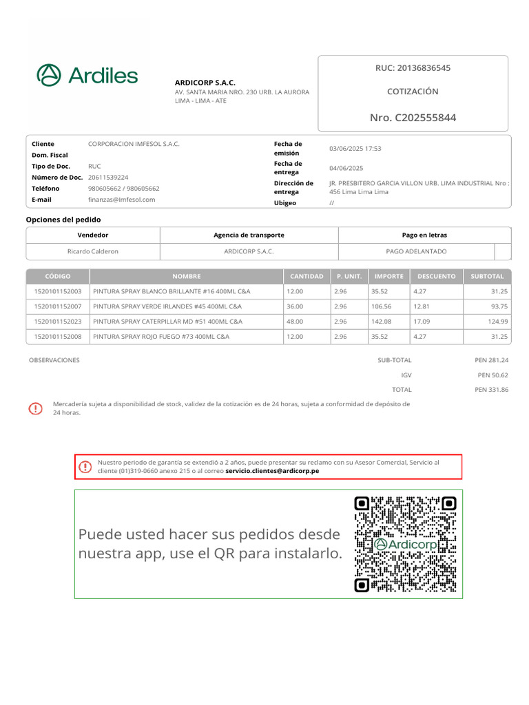 Ardicorp Cotizacion C20611539224 C202555844 | PDF