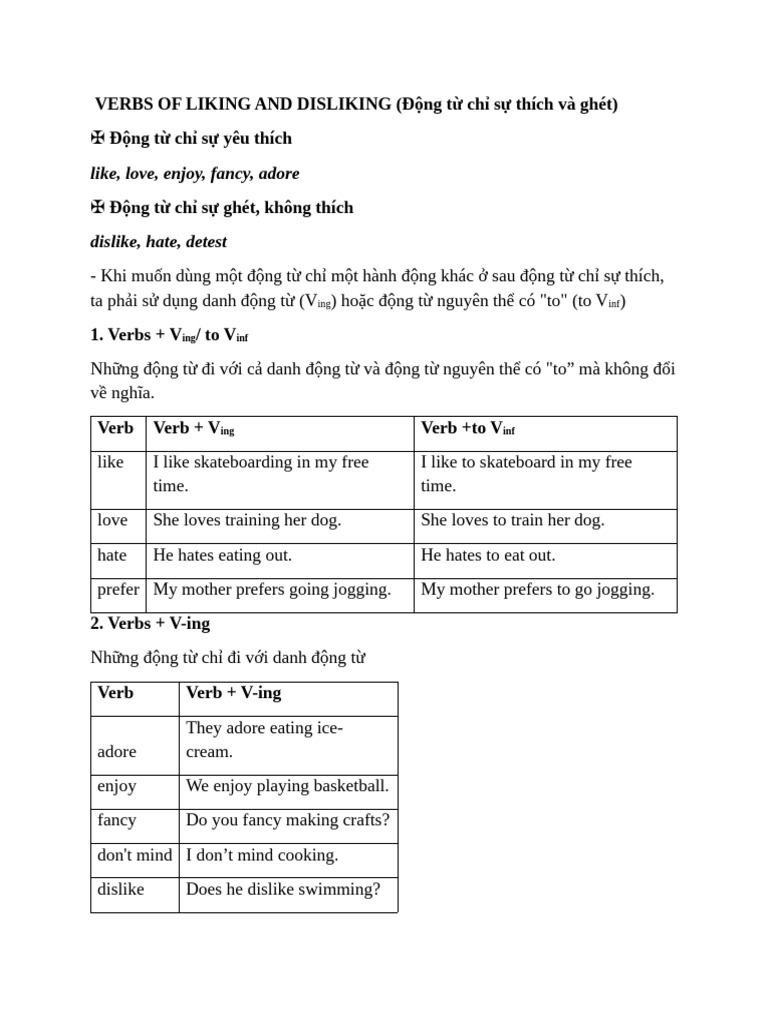 Verbs of Liking and Disliking | PDF