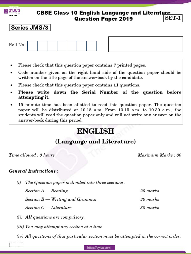 CBSE Class 10 English Language and Literature Previous Year Question ...