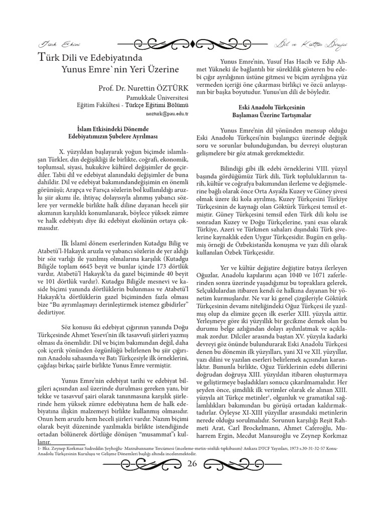 T - RK Dili Ve Edebiyat - Nda Yunus Emre'Nin Yeri - Zerine (#760611) - 1177613 | PDF