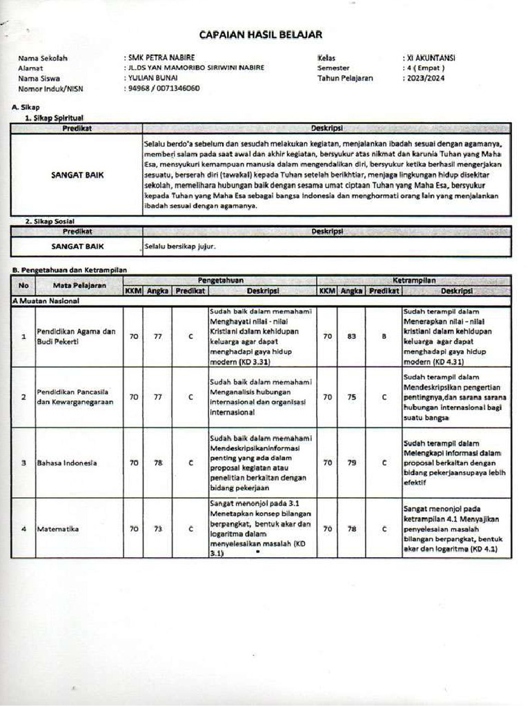 Rapor SMSTR IV Yulian Bunai | PDF