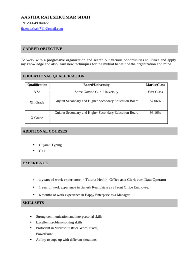 Aastha Shah BSC Resume | PDF
