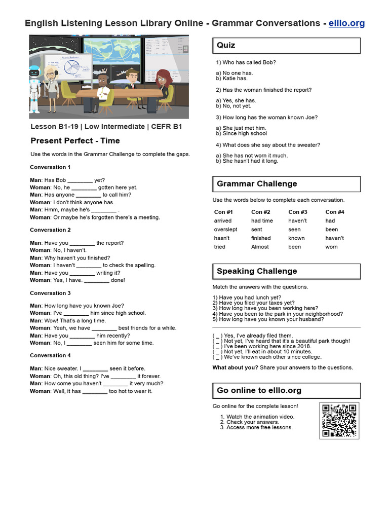 ELLLO B1 19C Present Perfect Time | PDF