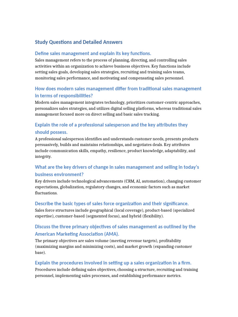 Sales Management Study Answers | PDF | Sales | Recruitment