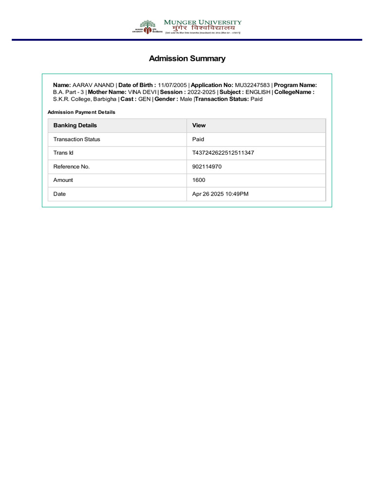 Admission Receipt | PDF