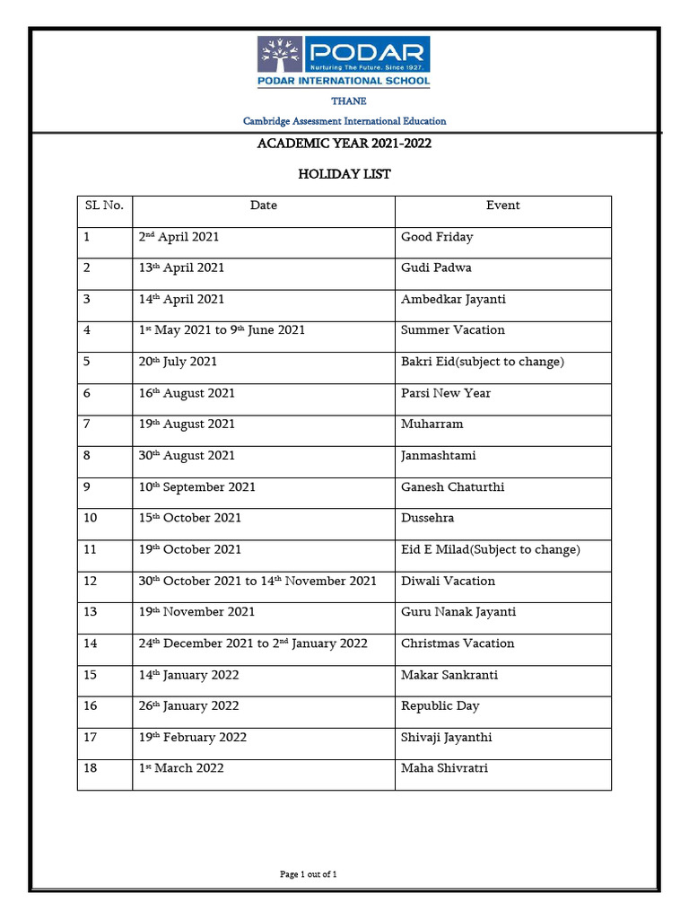 2021-2022 Academic Year Holiday List | PDF
