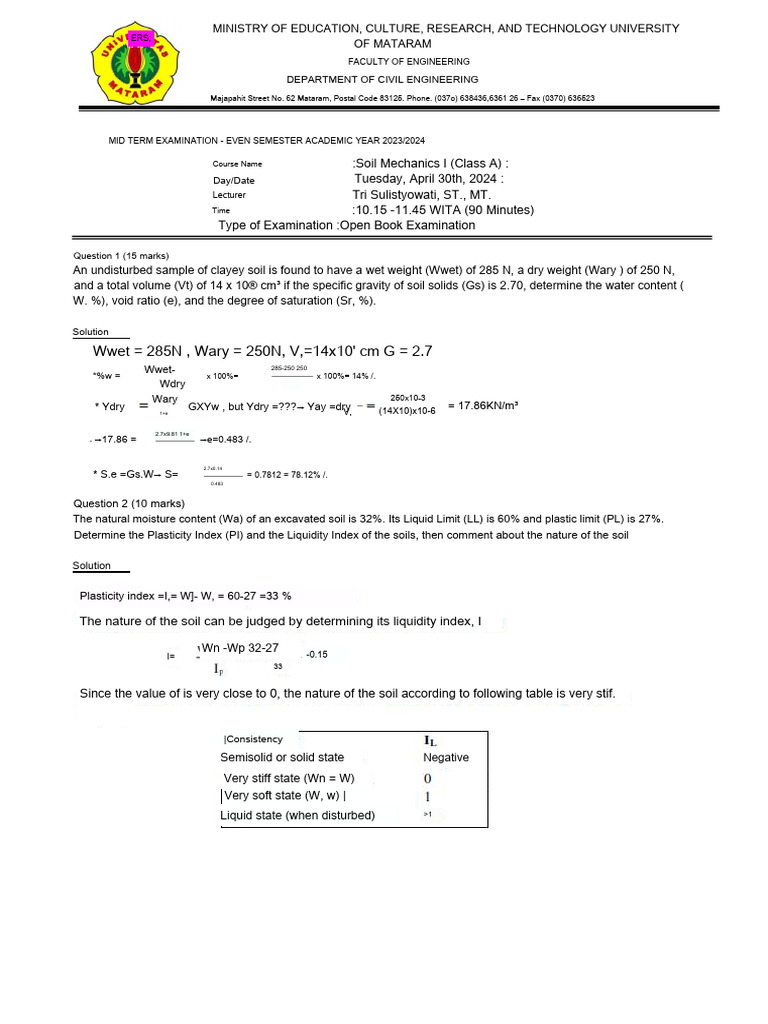 Soil Mechanics 1 Mid Term Exam Solutions - 2024 en To en 2025-04-23 09-33-35 | PDF | Natural ...