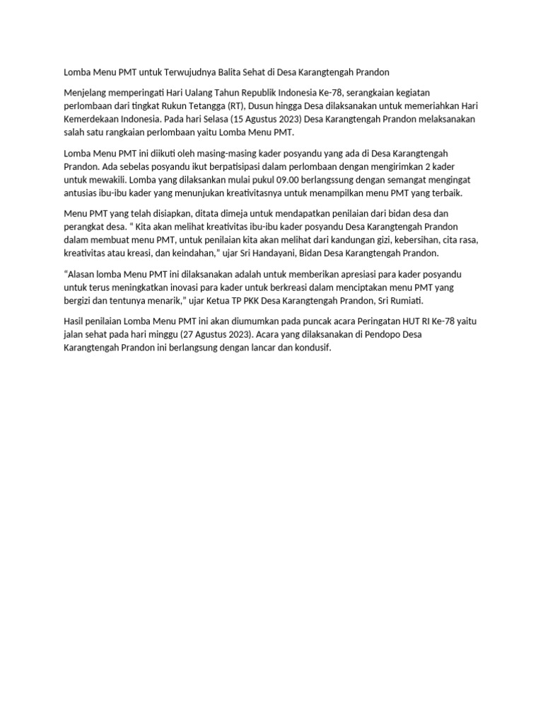 Lomba Menu PMT Untuk Terwujudnya Balita Sehat Di Desa Karangtengah ...