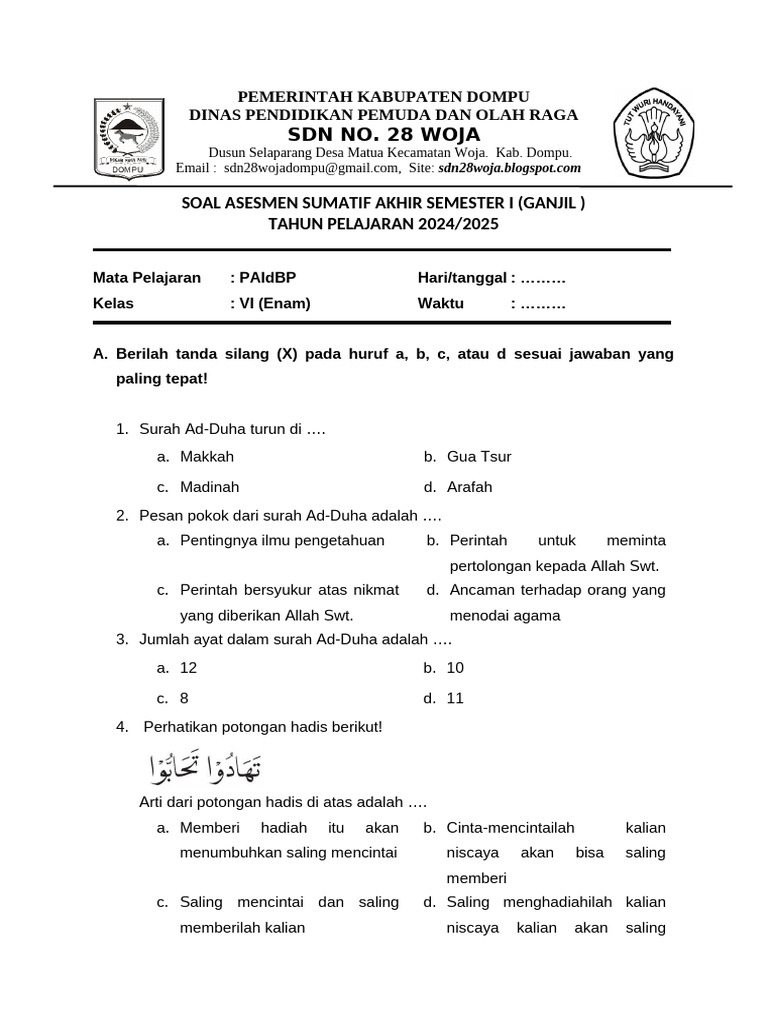 Soal Asas Ganjil PAI Kelas 6 | PDF
