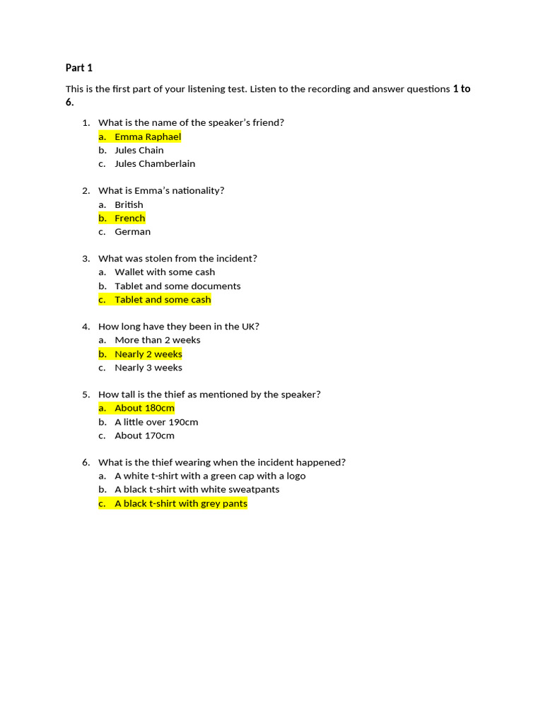 Listening Test: Questions and Answers | PDF | Conversation | Human ...