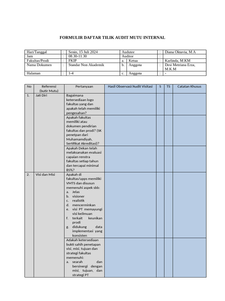 Daftar Tilik UPPS | PDF