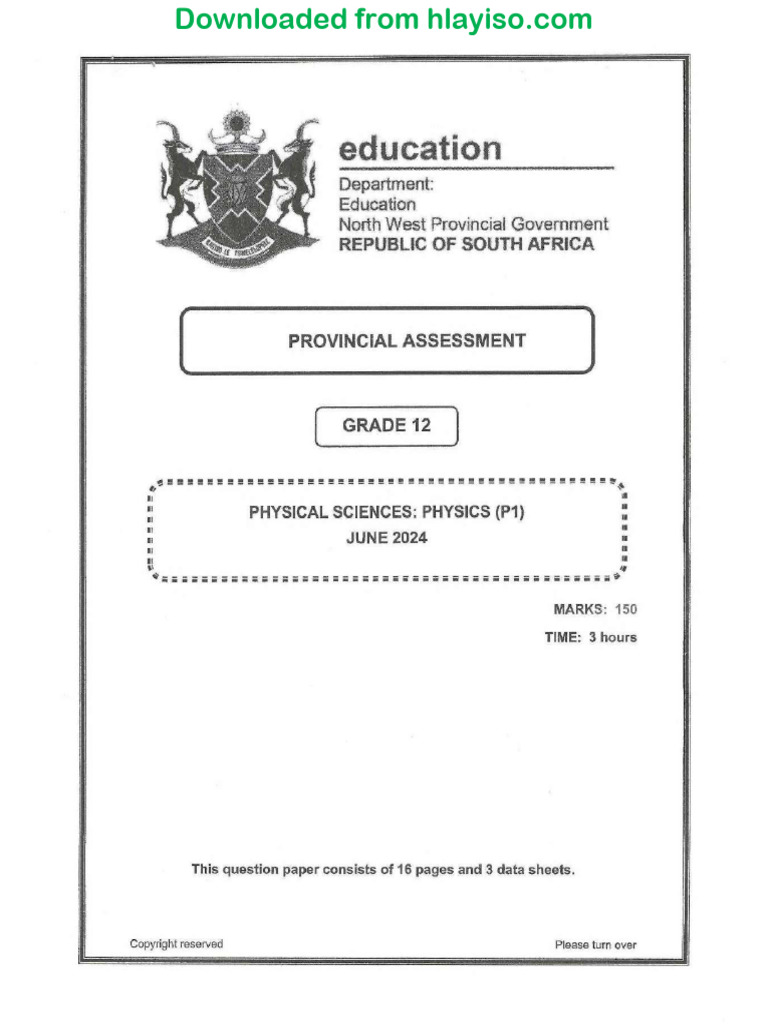 Physical Sciences Physics P1 QP May June 2024 North West - Hlayiso - Com | PDF