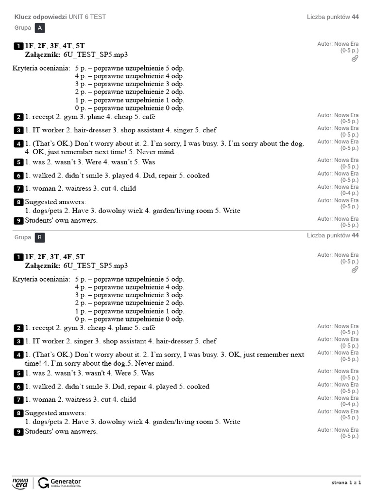UNIT 6 TEST Klucz Odpowiedzi | PDF