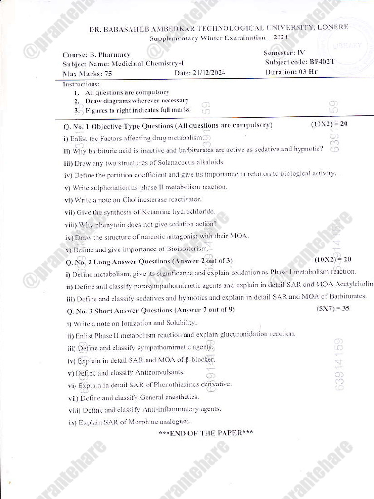 Medicinal Chemistry - I PYQ (Pran Tehare) | PDF