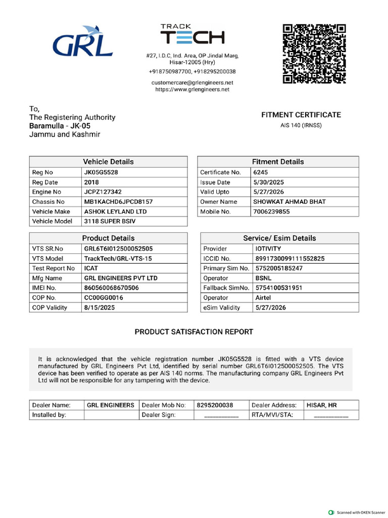 VLTD Fitment Certificate | PDF