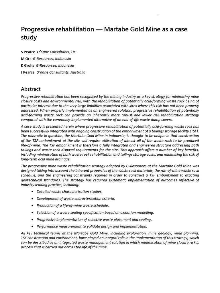 Progressive Rehabilitation - Martabe Gold Mine As A Case Study | PDF ...