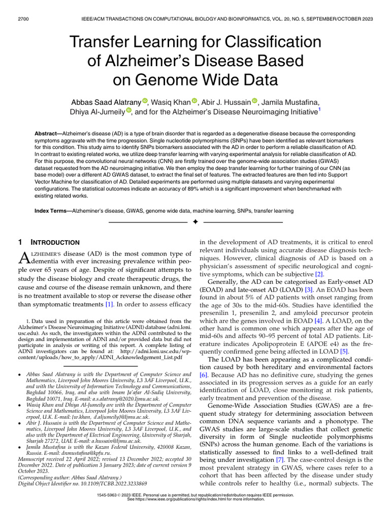 Transfer Learning For Classification of Alzheimers Disease Based On Genome Wide Data | PDF ...