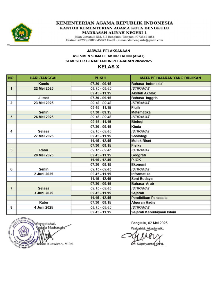 Jadwal Asat Tp. 2024-2025 | PDF