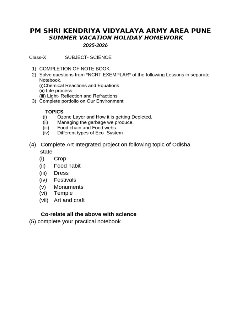 Summer Vacation Holiday Homework Class 10 Science -2025 | PDF
