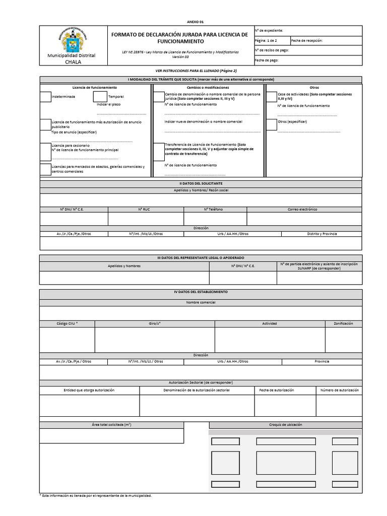 FORMATO 1 LICENCIAS 2025 Chala | PDF