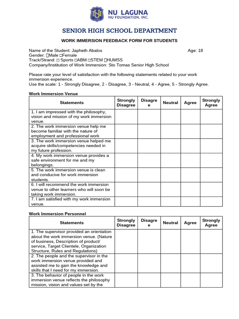 4 - Work Immersion Feedback Form For Students and Parents | PDF ...