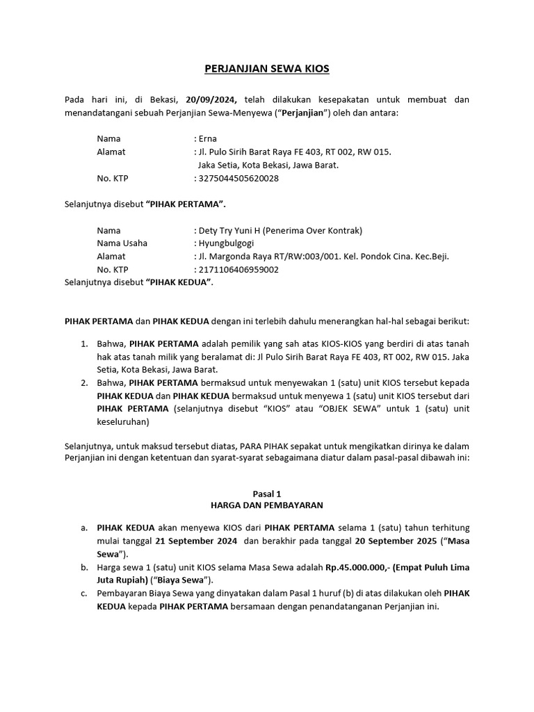 Surat Kontrak Kios Hyungbulgogi SEPTEMBER 2024 - 2025 (1) | PDF
