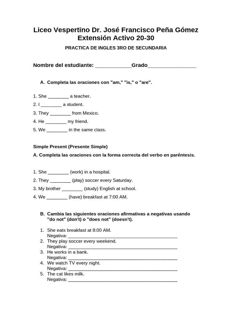 Practica de Ingles Tercero de Secundaria | PDF