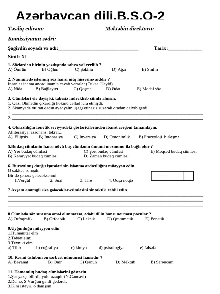 Azərbaycan Dili XI - BSQ 2 | PDF