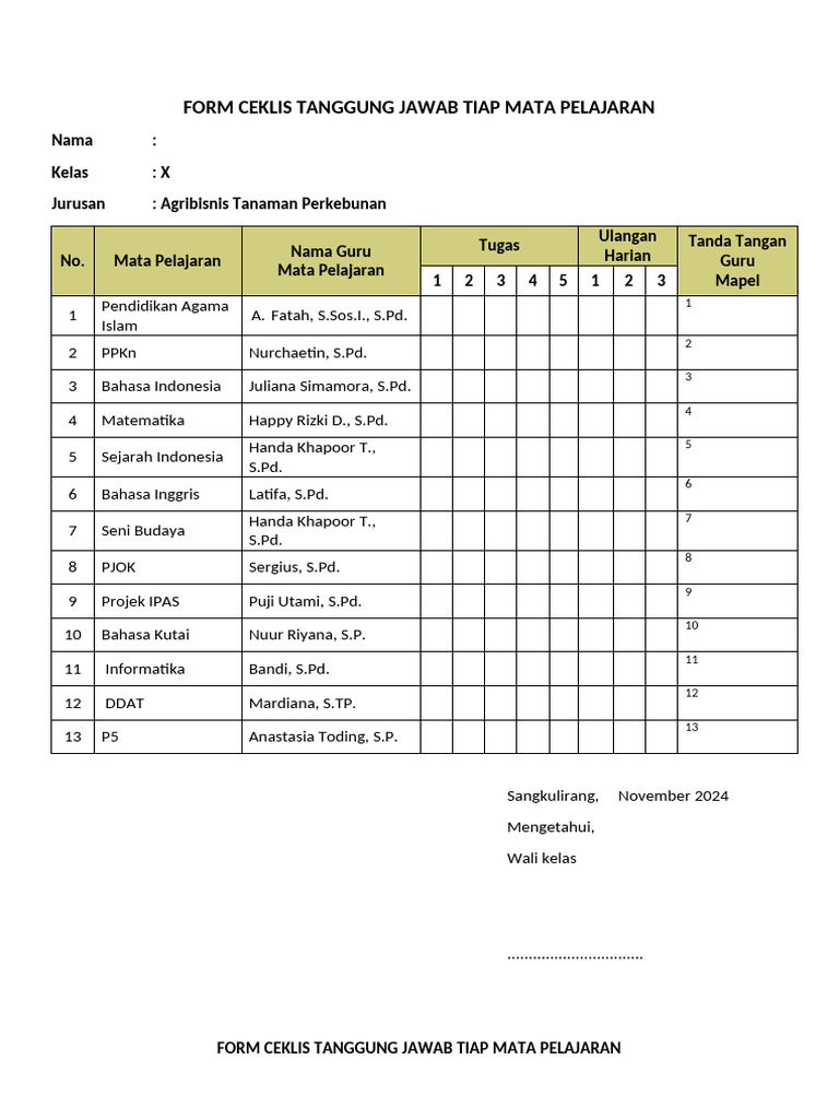 Form Ceklis Tanggung Jawab Siswa | PDF