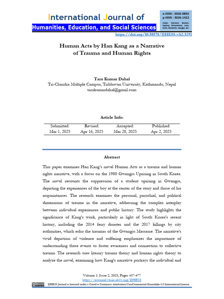 Human Acts by Han Kang As A Narrative of Trauma An | PDF | Psychological Trauma | Narrative
