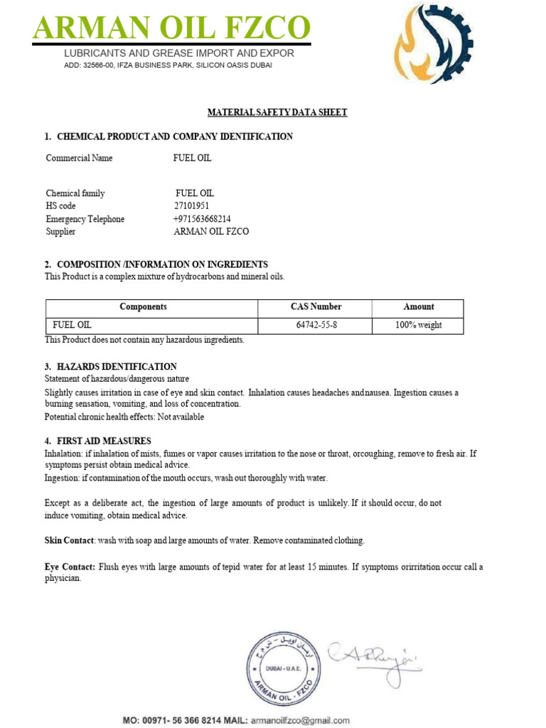 Fuel Oil MSDS for Arman Oil FZCO | PDF | Personal Protective Equipment ...