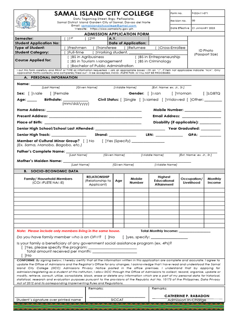 71f-d2a11-071 Admission Application Form Finalization.. | PDF