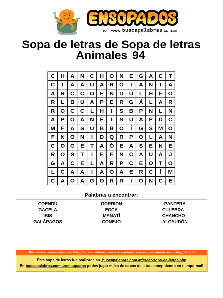 Sopa de Letras: Animales 94 PDF | PDF
