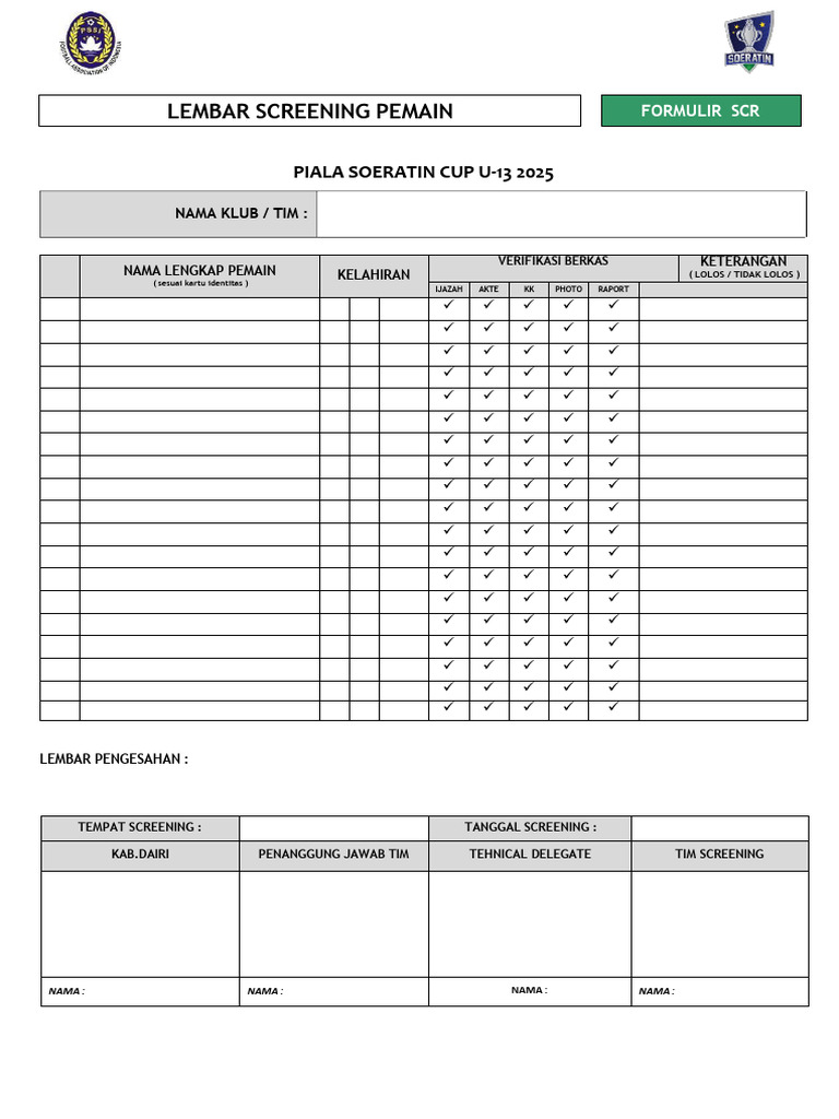 Formulir Screening Pemain U15 | PDF
