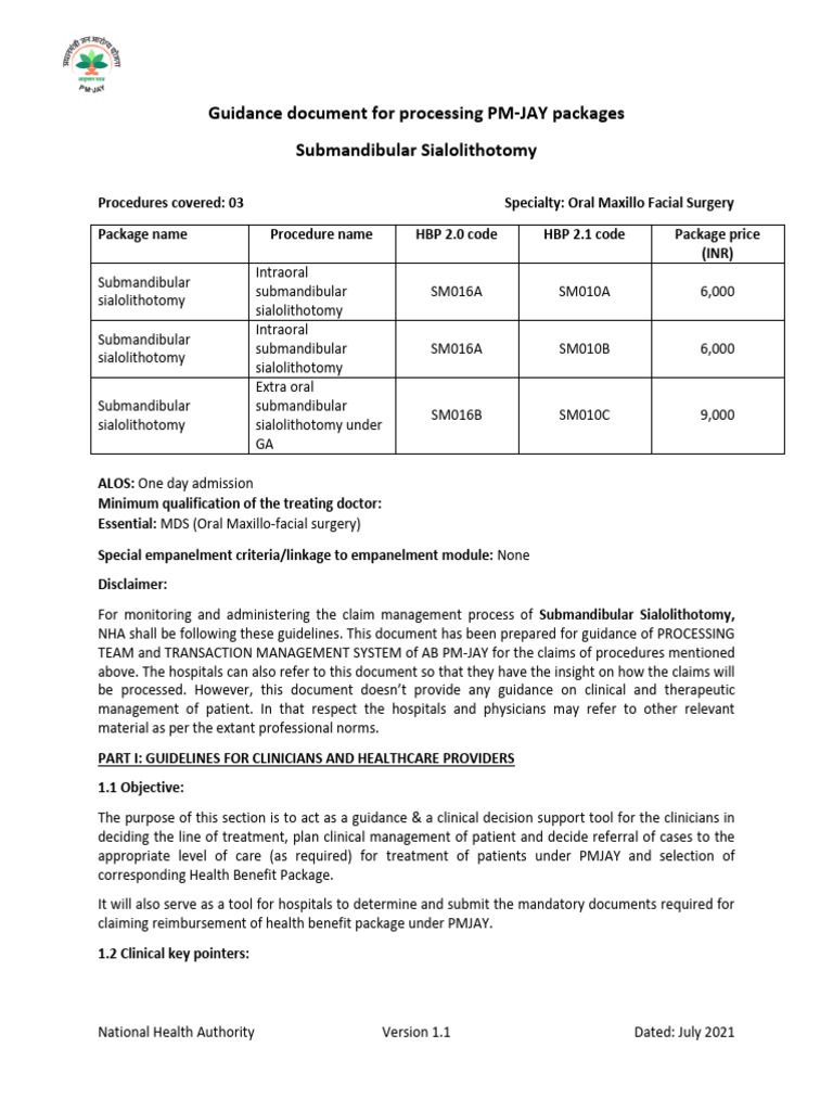 PM-JAY Guidelines for Sialolithotomy Claims | PDF | Medicine | Diseases ...
