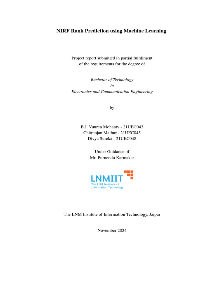 Lnmiit BTP Report Nirf Rank Prediction | PDF | Linear Regression | Regression Analysis
