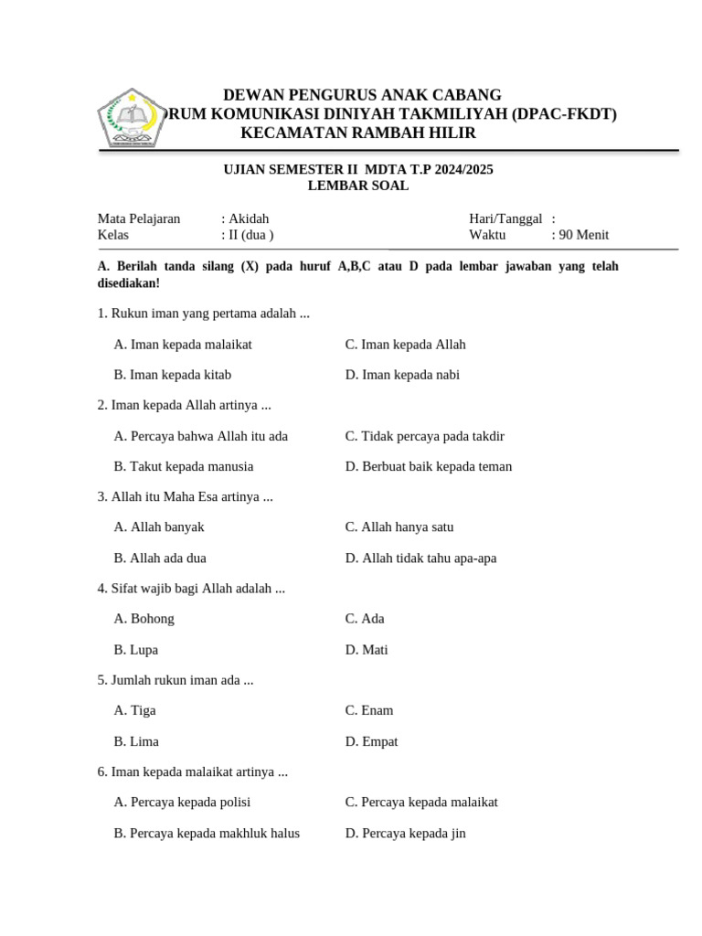 Soal Akidah Kls 2 Mda | PDF