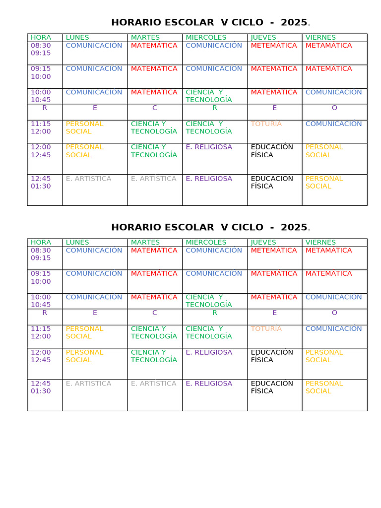 Horario Escolar V Ciclo | PDF