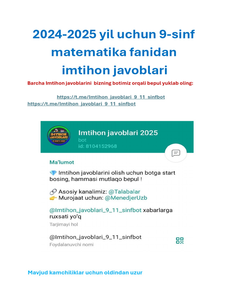 9-Sinf Matematika Imtihon Javoblari 2024-2025 | PDF