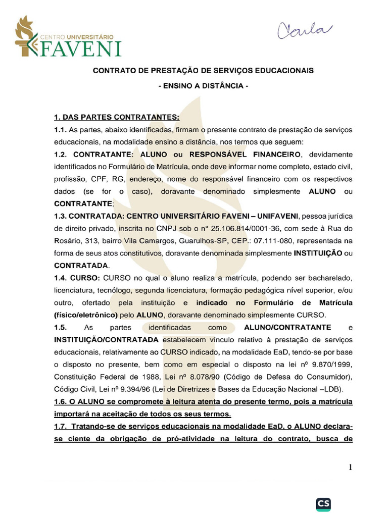 Contrato Assinado - Carla Augusta Pastri de Melo - 2 Lic. Letras | PDF