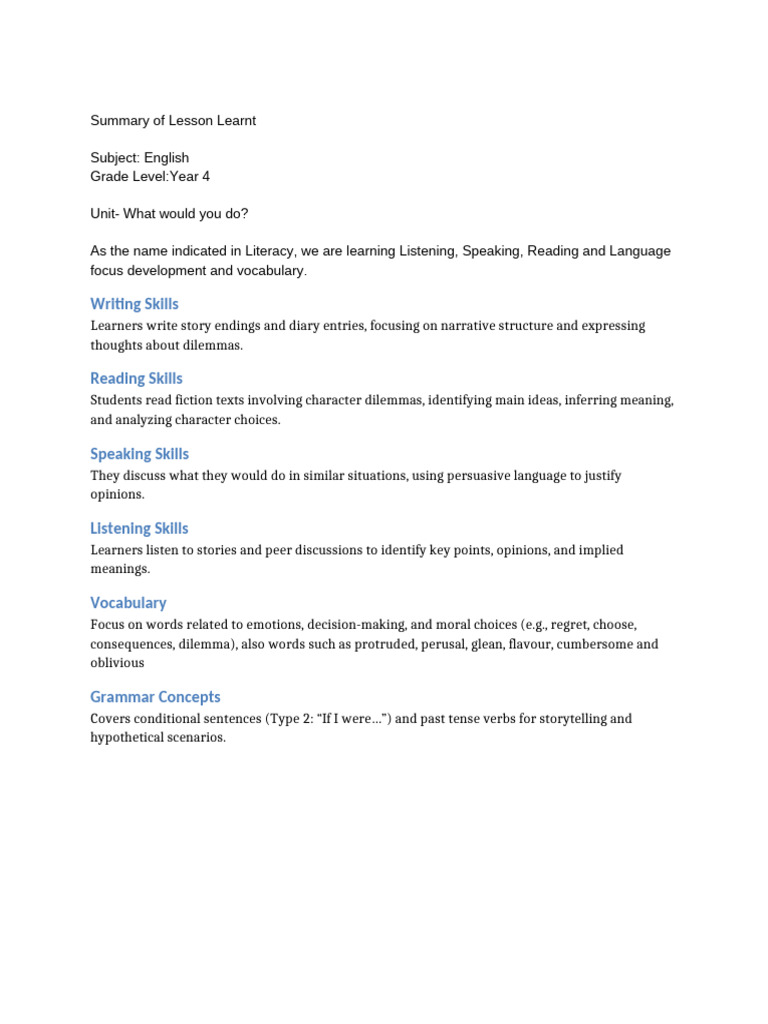 Year 4 English Lesson Summary | PDF
