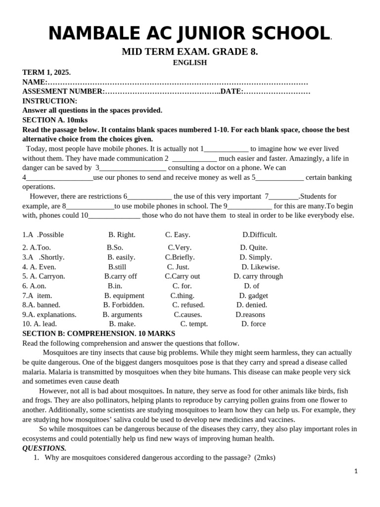 English Grade 8 Examination (2) (Autorecovered) | PDF | Lion | Mosquito