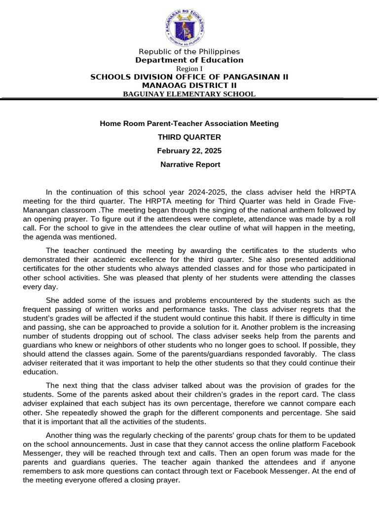 Third Quarter HRPTA Meeting Report | PDF | Facebook