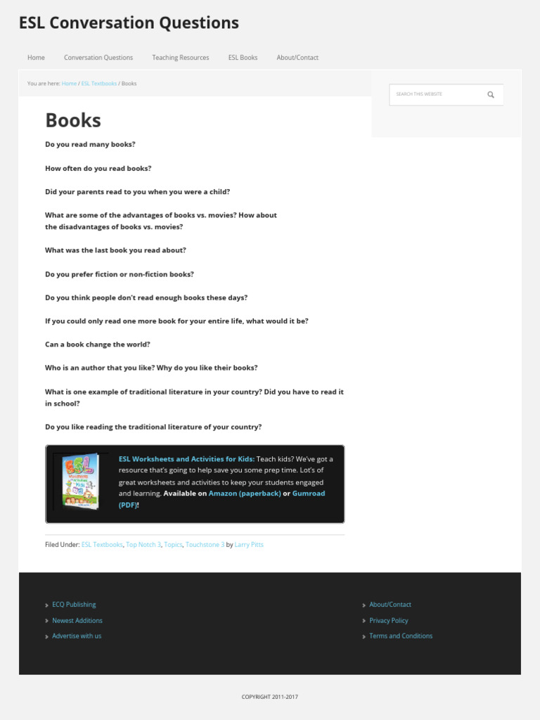 ESL Conversation Questions - Books | PDF